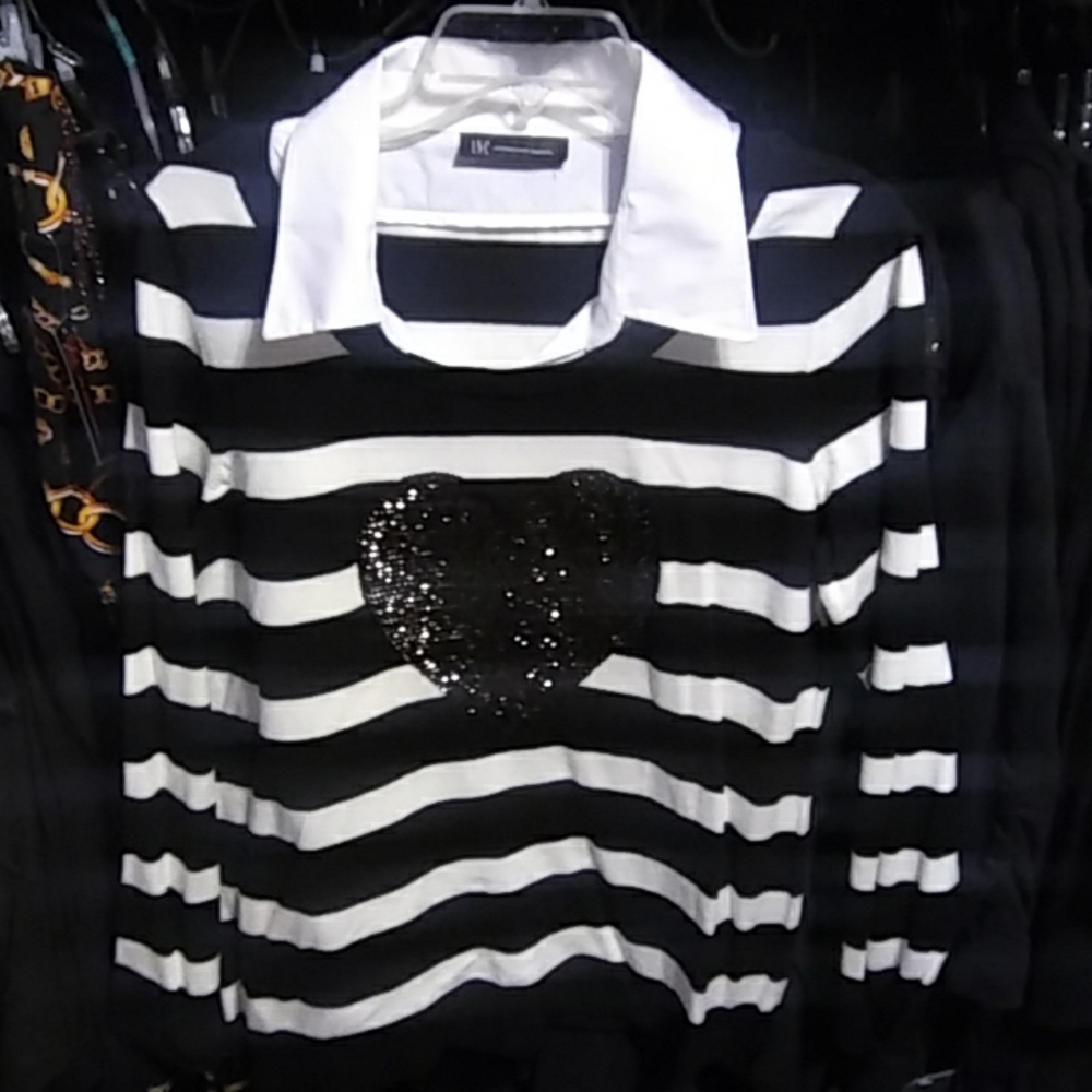 Inc Top Black And White Stripe Sequence Heart Xl - Gem